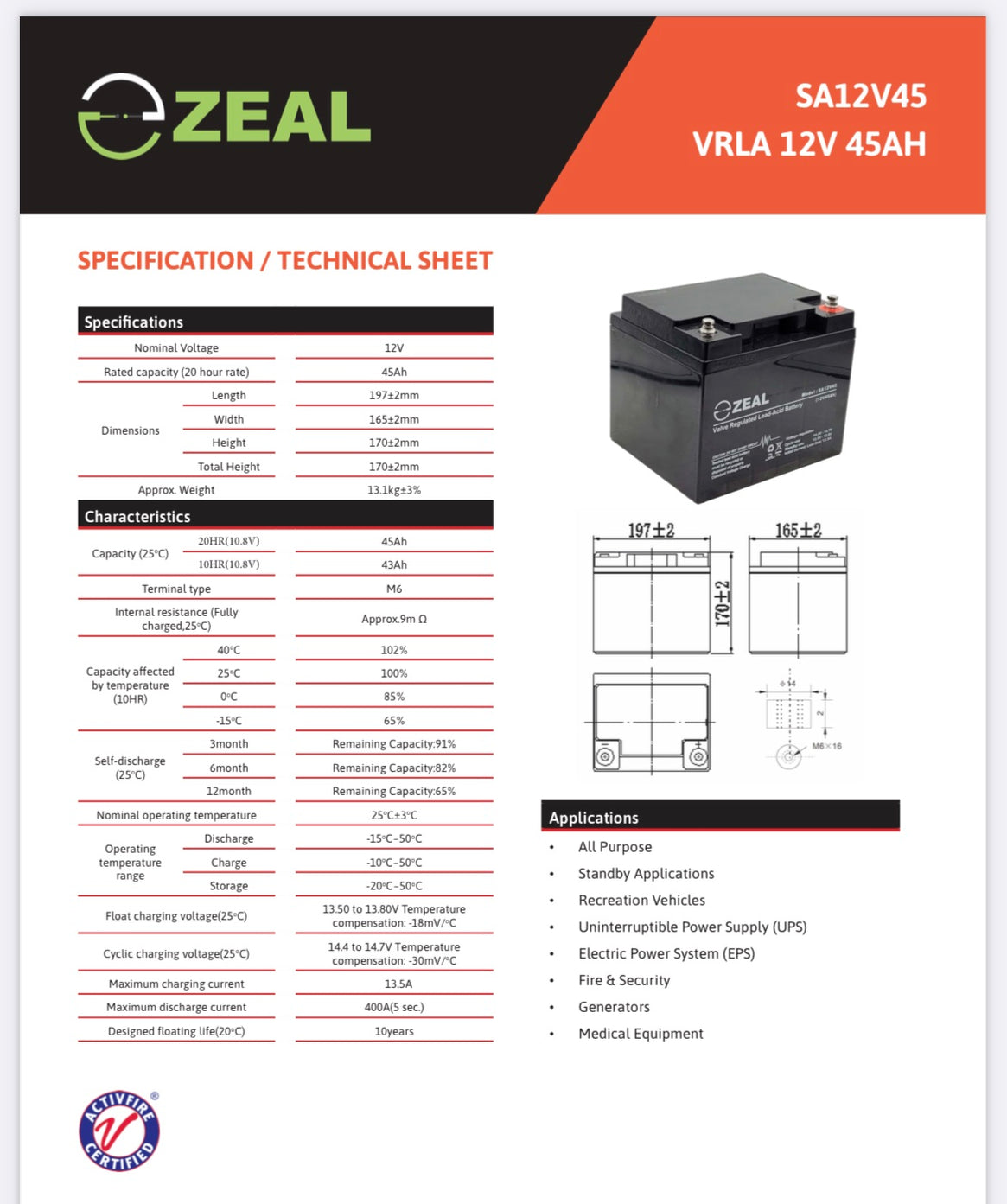 Zeal SA12V45 VRLA 12V 45AH — Mighty Batteries